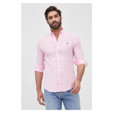 Ľanová košeľa Polo Ralph Lauren pánska, ružová farba, slim, s golierom ...